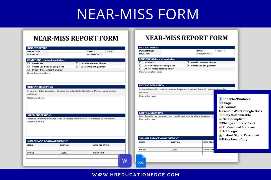 Near Miss Incident Report Form: OSHA Safety Template (word & Google ...