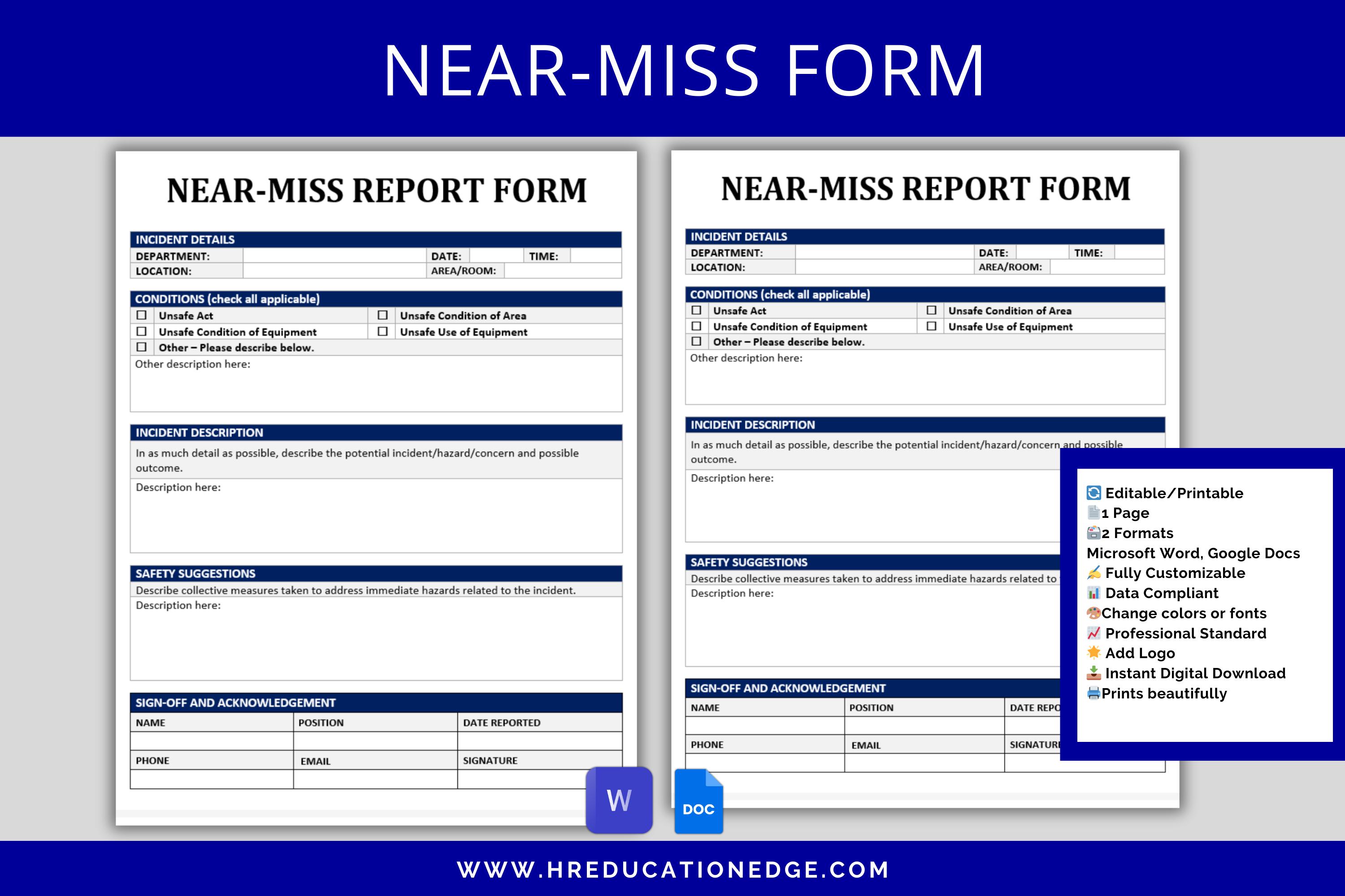 Near Miss Incident Report Form: OSHA Safety Template (word & Google ...