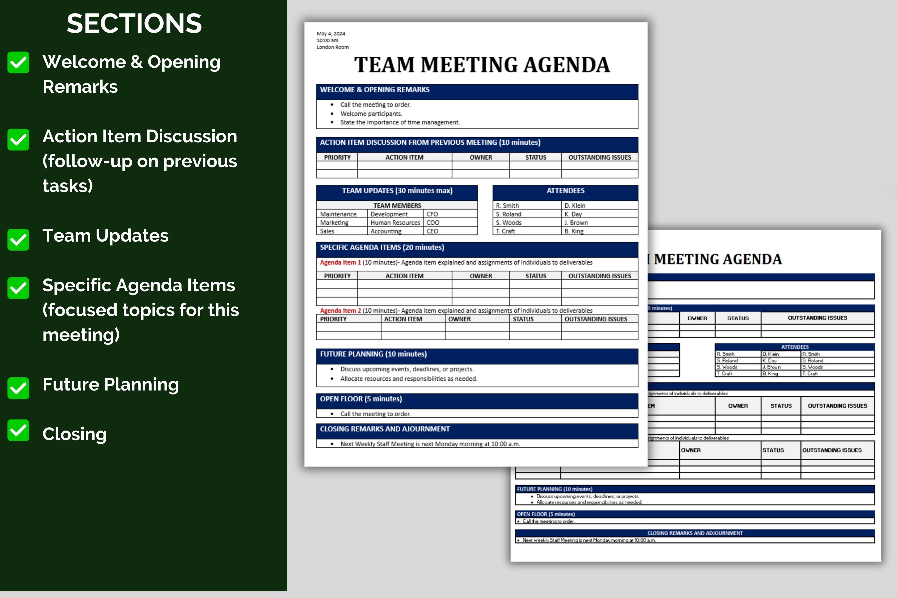Team Meeting Agenda Template: Editable Business Meeting Planner ...