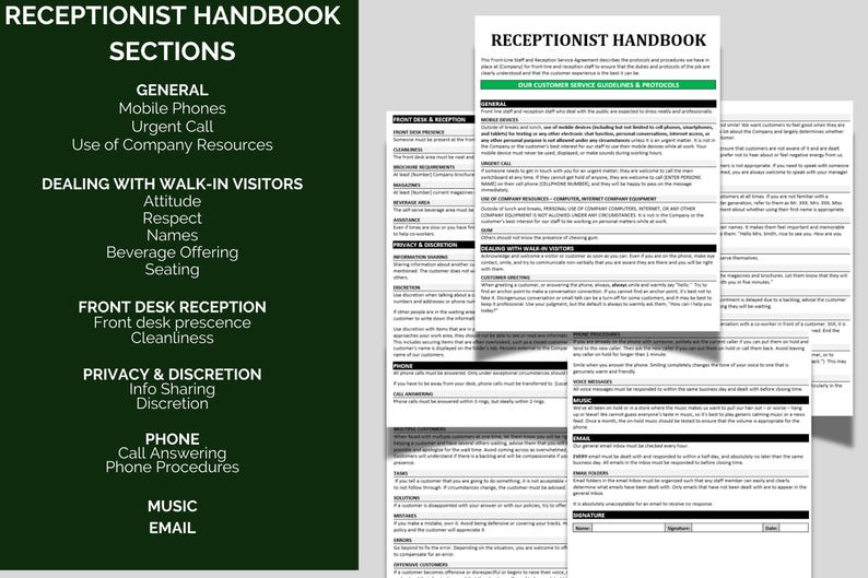 Receptionist Handbook Template: Front Desk Training Guide (word, Google ...