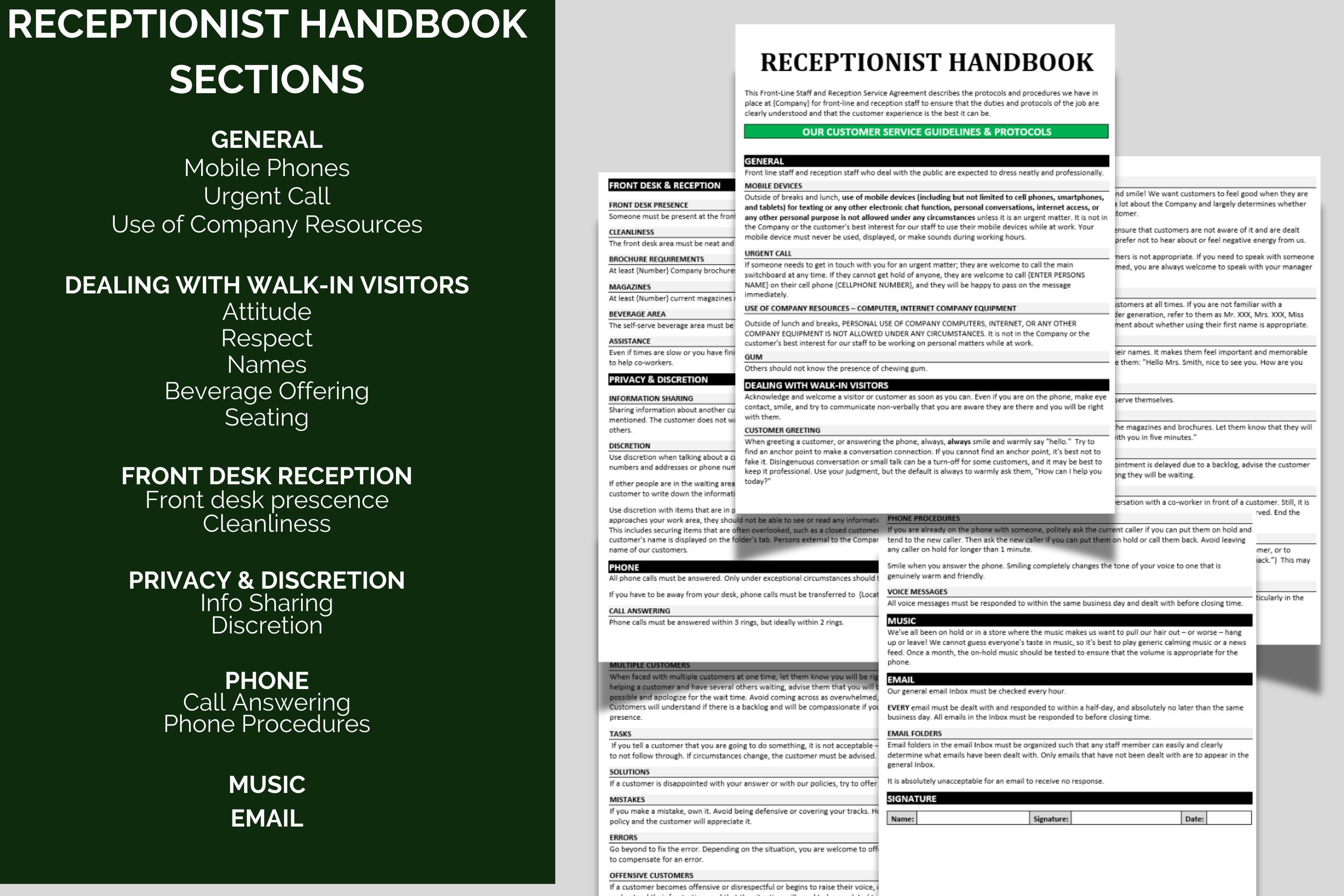Receptionist Handbook Template: Front Desk Training Guide (word, Google ...