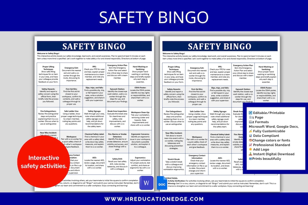 Employee Safety Bingo Template for Workplace: Fire Safety, First Aid ...