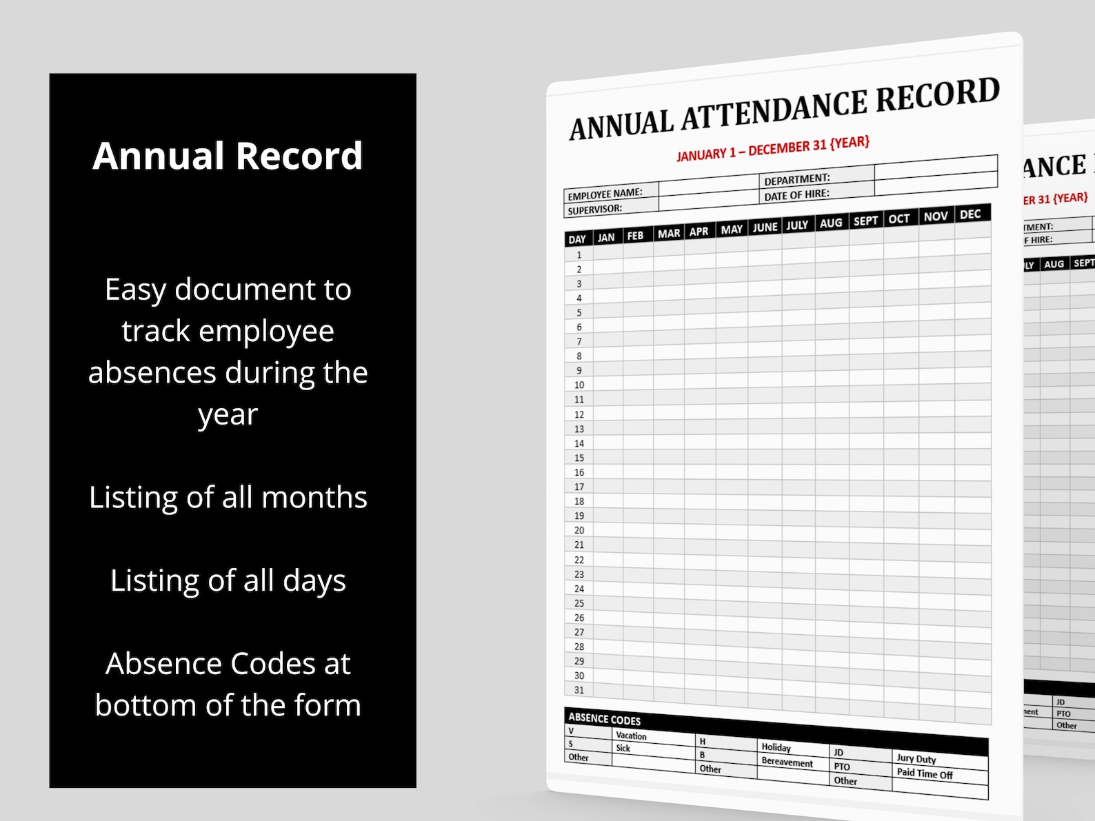 Employee Attendance Annual Record Absence Tracker Yearly Absences ...