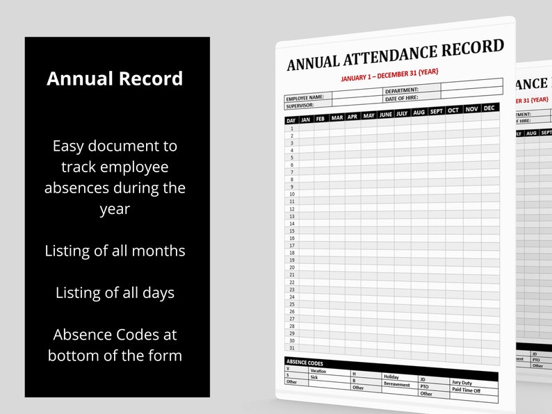 Employee Attendance Annual Record Absence Tracker Yearly Absences ...