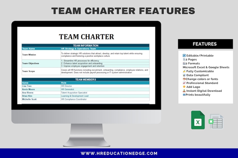 Team Charter Template: HR Planning, Excel & Google Sheets (digital ...