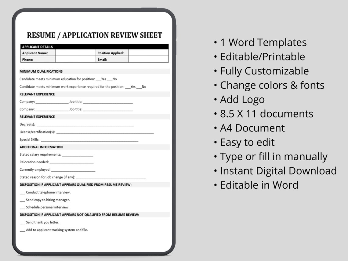 Employee Application / Resume Review Form: HR Templates Human Resources ...