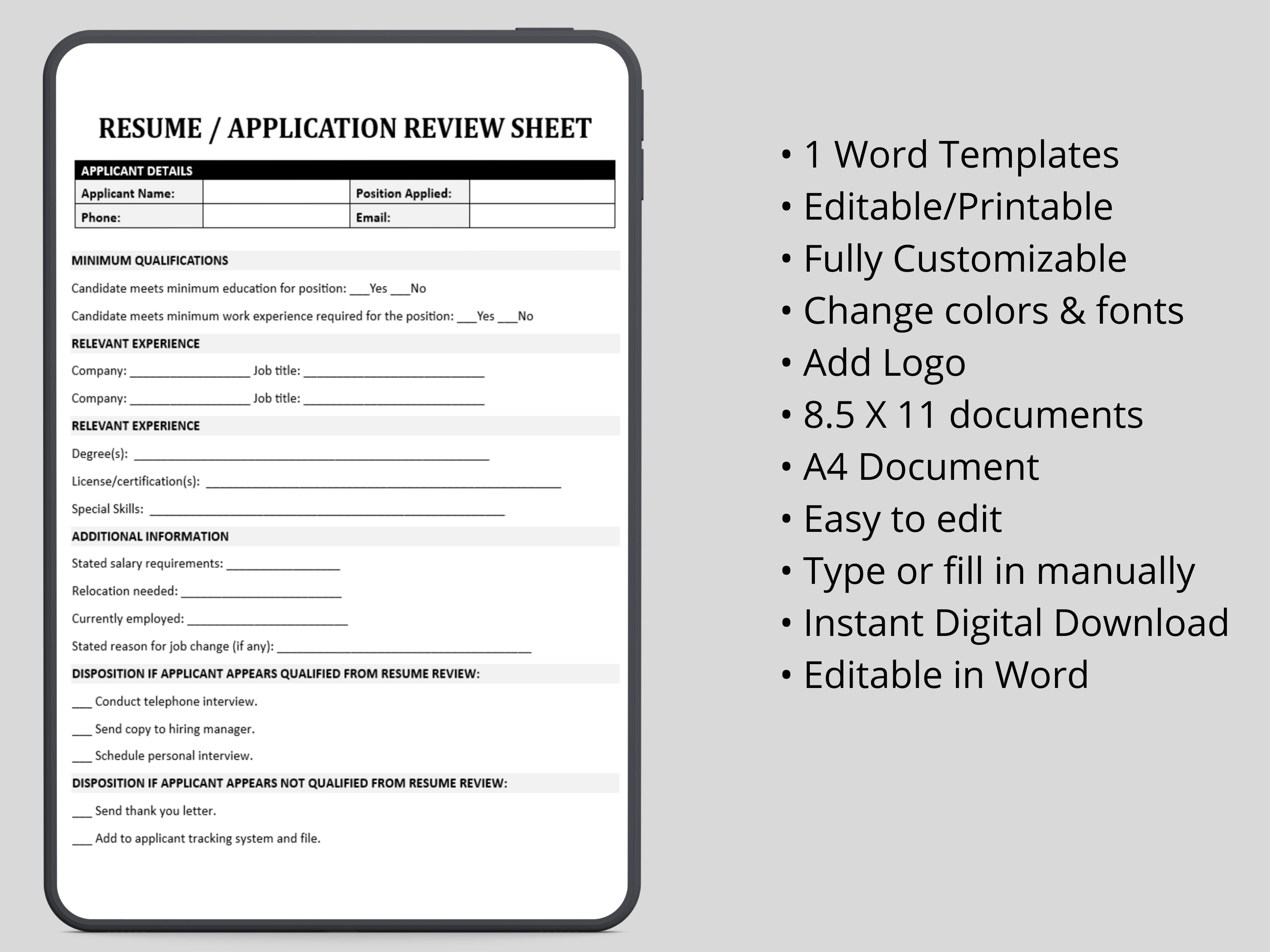 Employee Application / Resume Review Form: HR Templates Human Resources ...