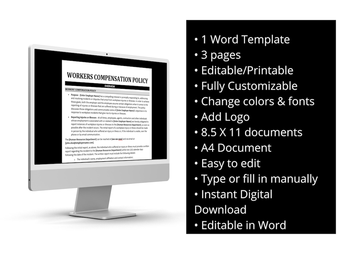Workers Compensation Policy Editable HR Template Human Resource Form ...