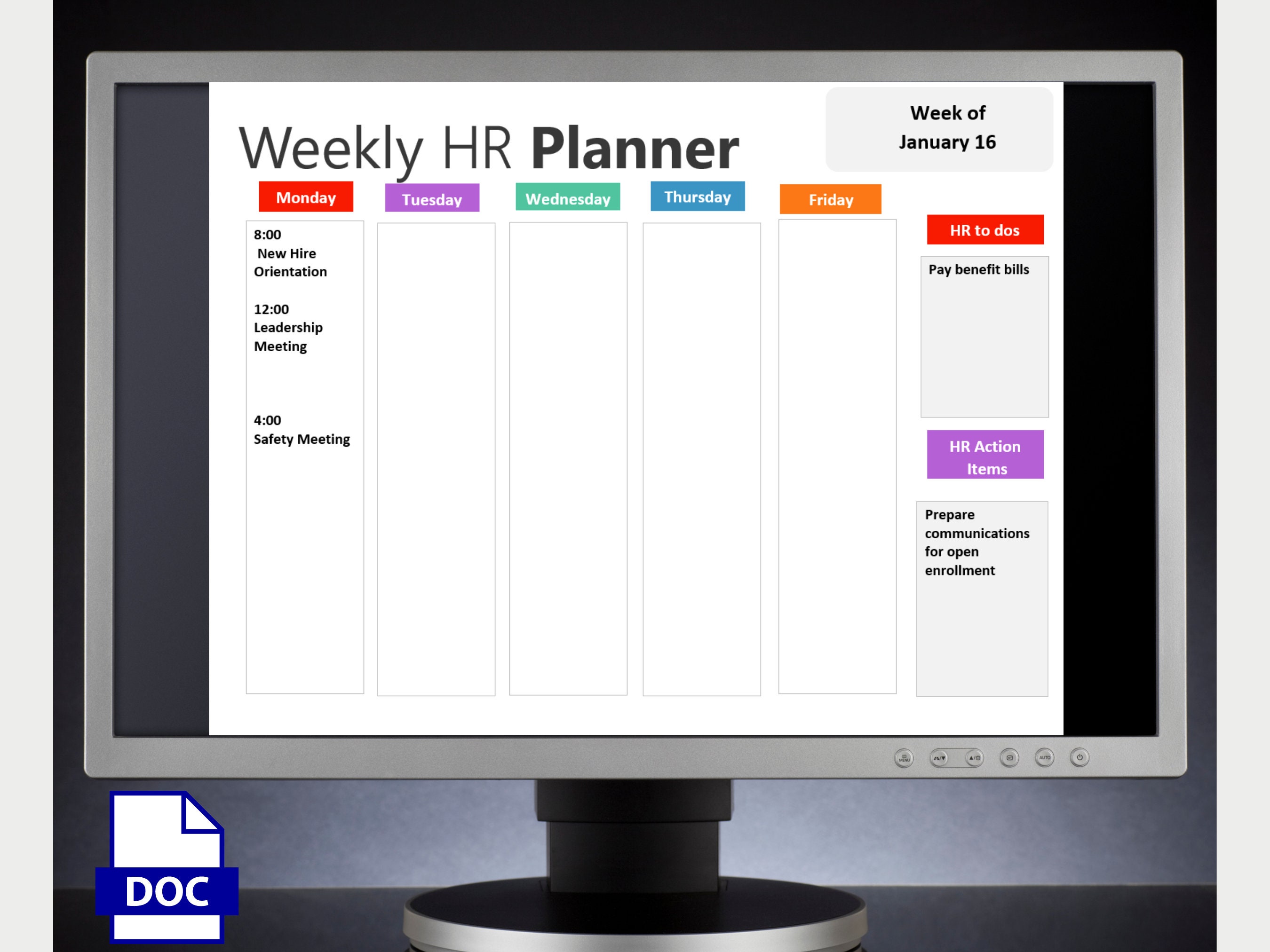 Simple HR Weekly Planner: Editable & Colorful Word Calendar Employee ...