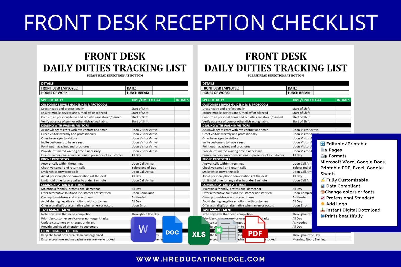 Front Desk Reception Checklist Template Customer Service Duties List ...