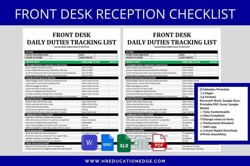 Front Desk Reception Checklist: Daily Duties Template (digital Download ...