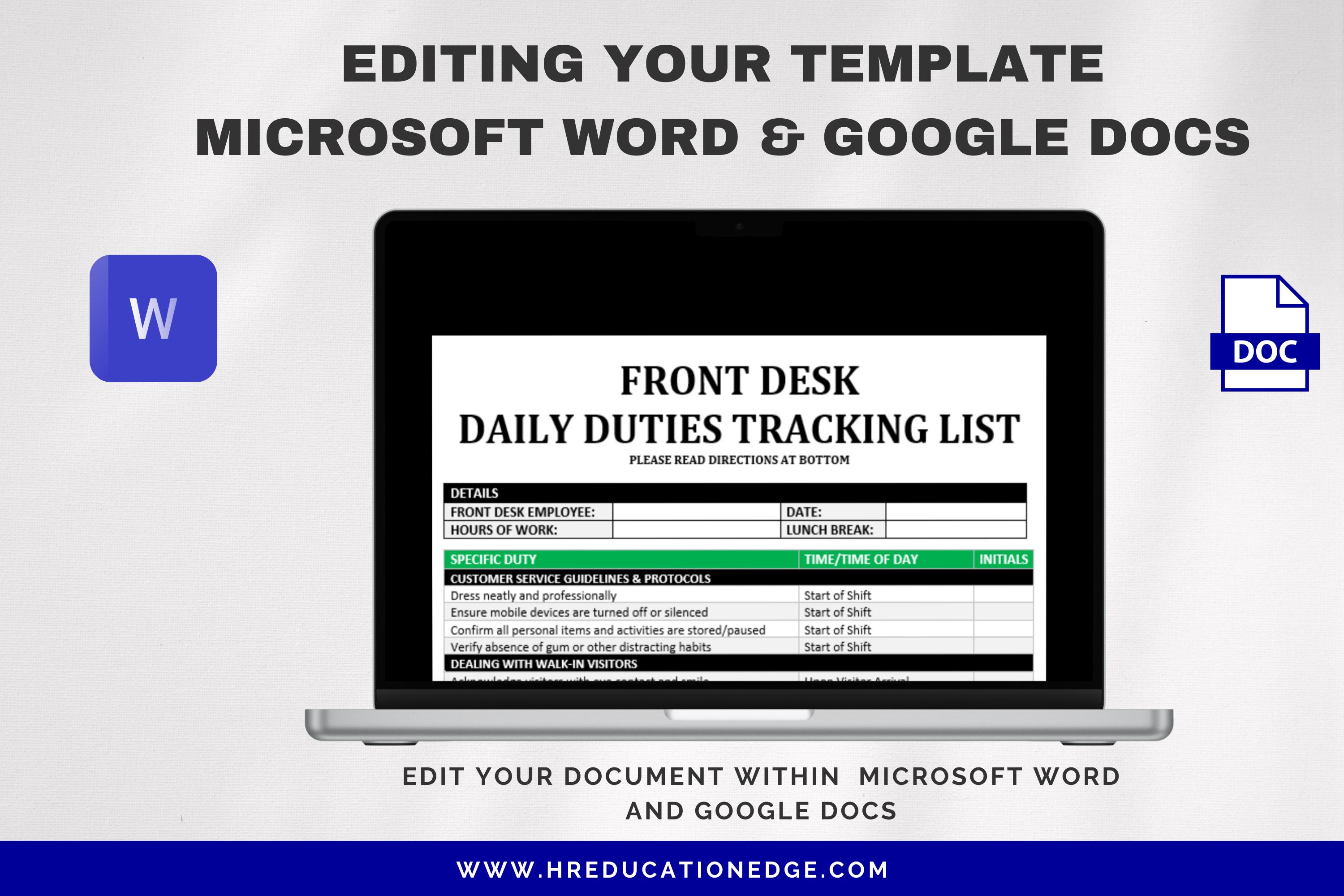 Front Desk Reception Checklist Template Customer Service Duties List ...