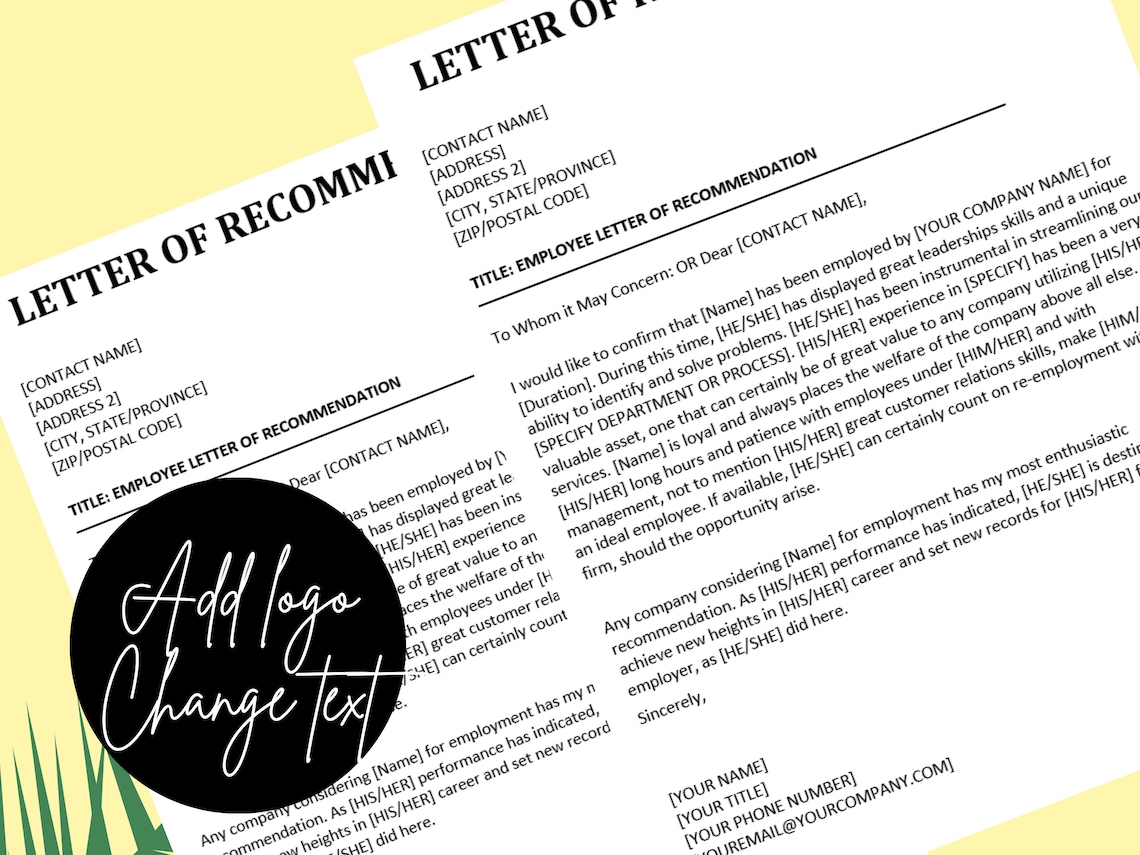 Editable HR Letter of Recommendation Template for Employment - Etsy