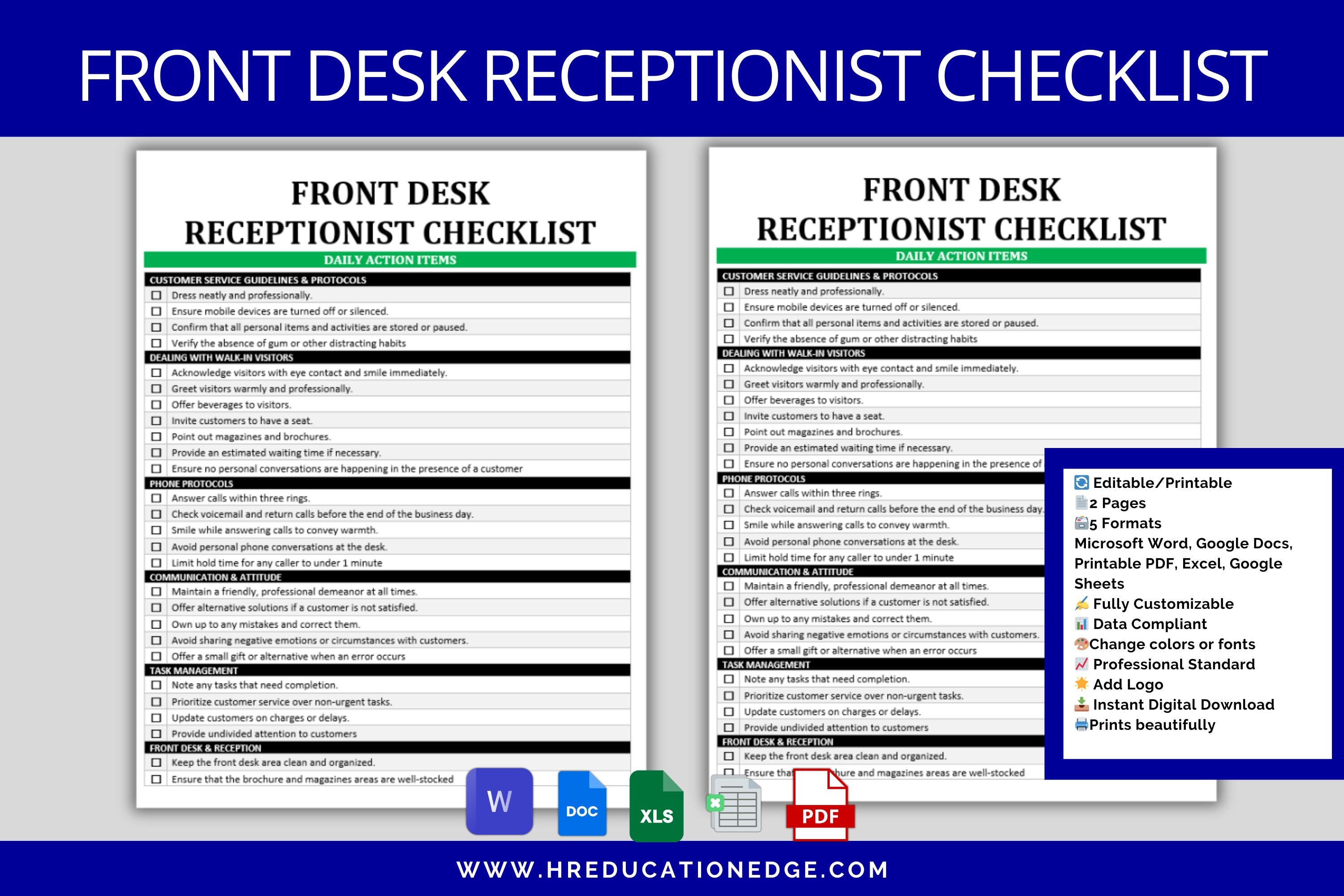 Receptionist Training Checklist: Front Desk Customer Service (word, Excel, Google Docs, Google ...
