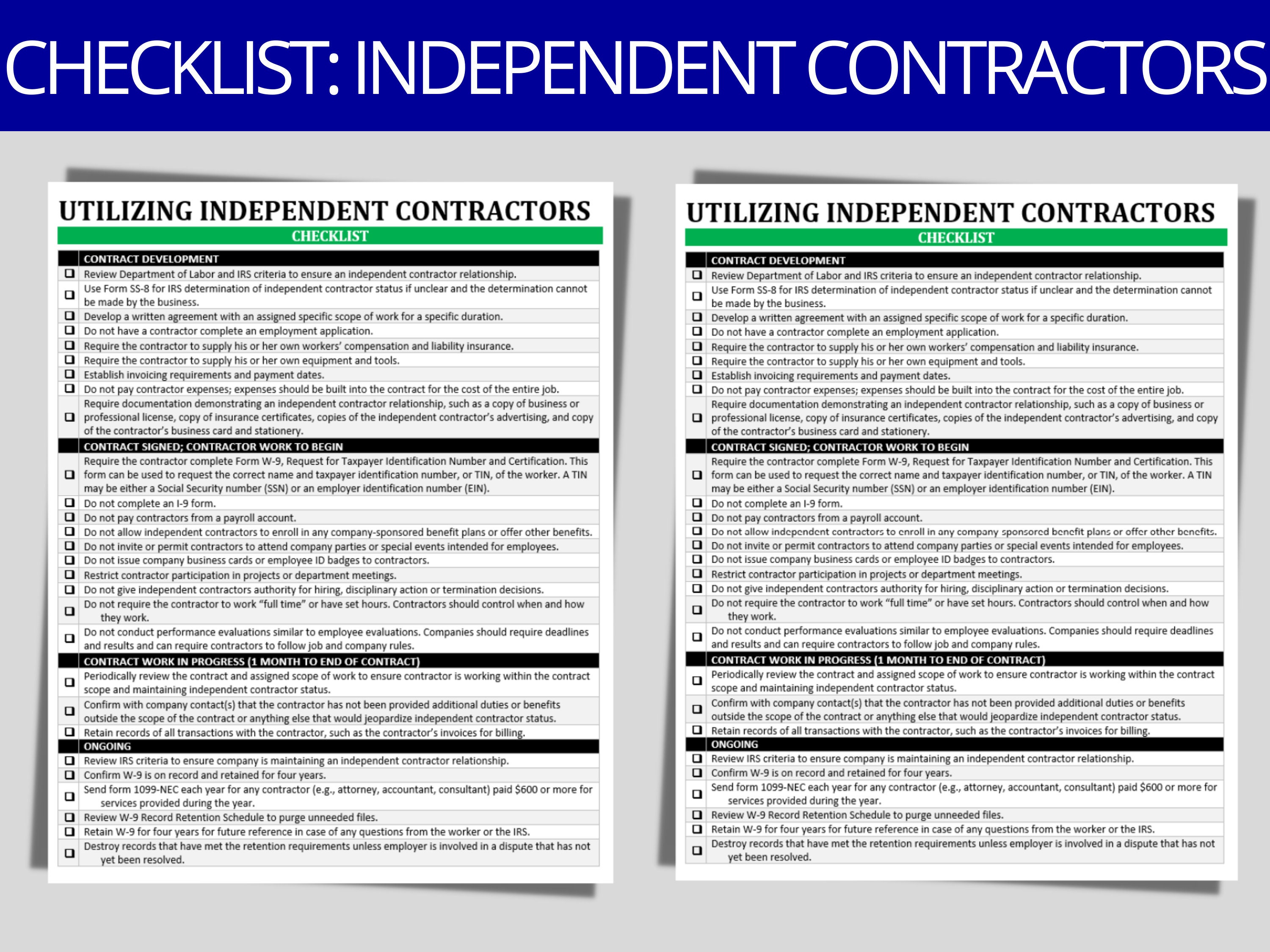 Independent Contractor Checklist Editable Document HR Template Human ...