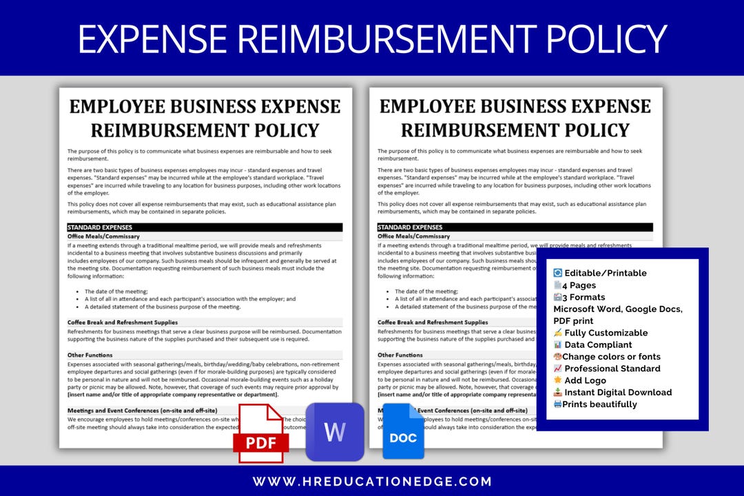 Expense Reimbursement Policy Form | Employee Mileage, Travel, Company ...