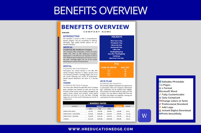 Employee Benefits Template: HR New Hire Packet | I Open Enrollment ...