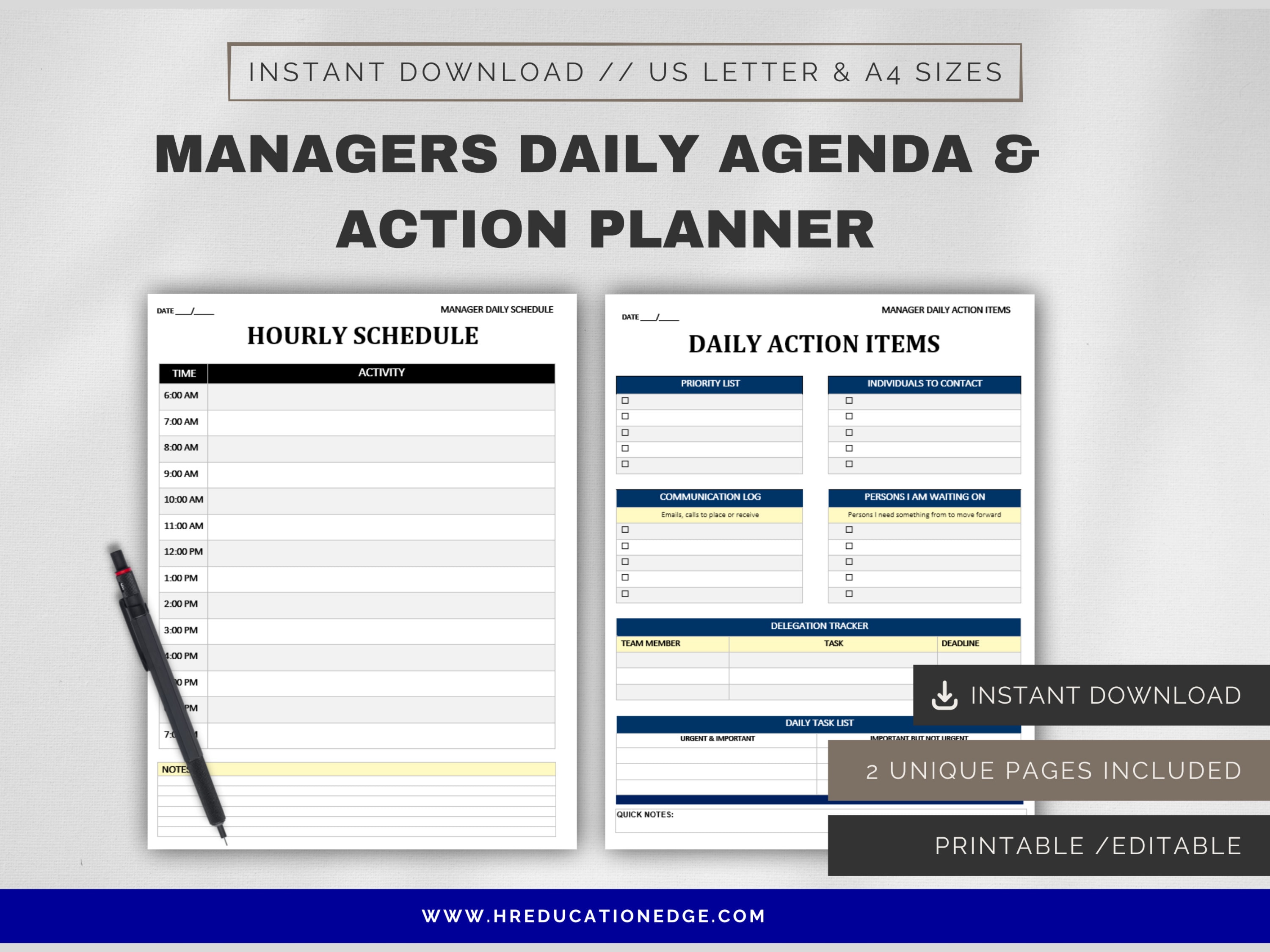 Manager's Daily Agenda & Action Planner: Editable HR Template (digital ...