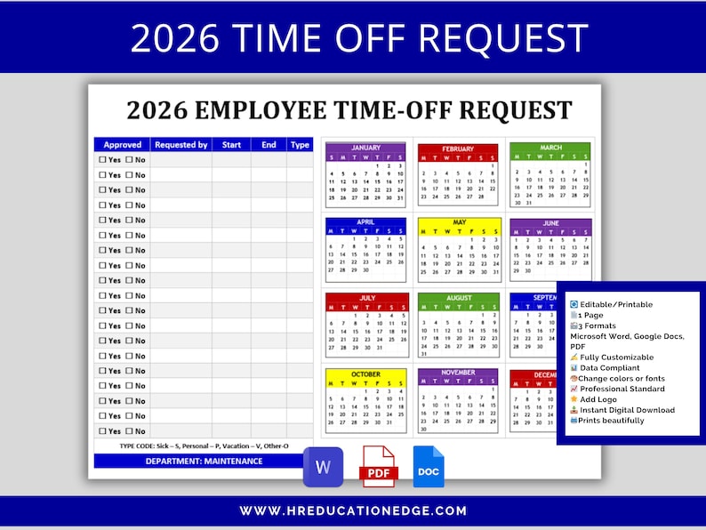 2026 Employee Time off Calendar: HR Leave Planner (digital Download ...