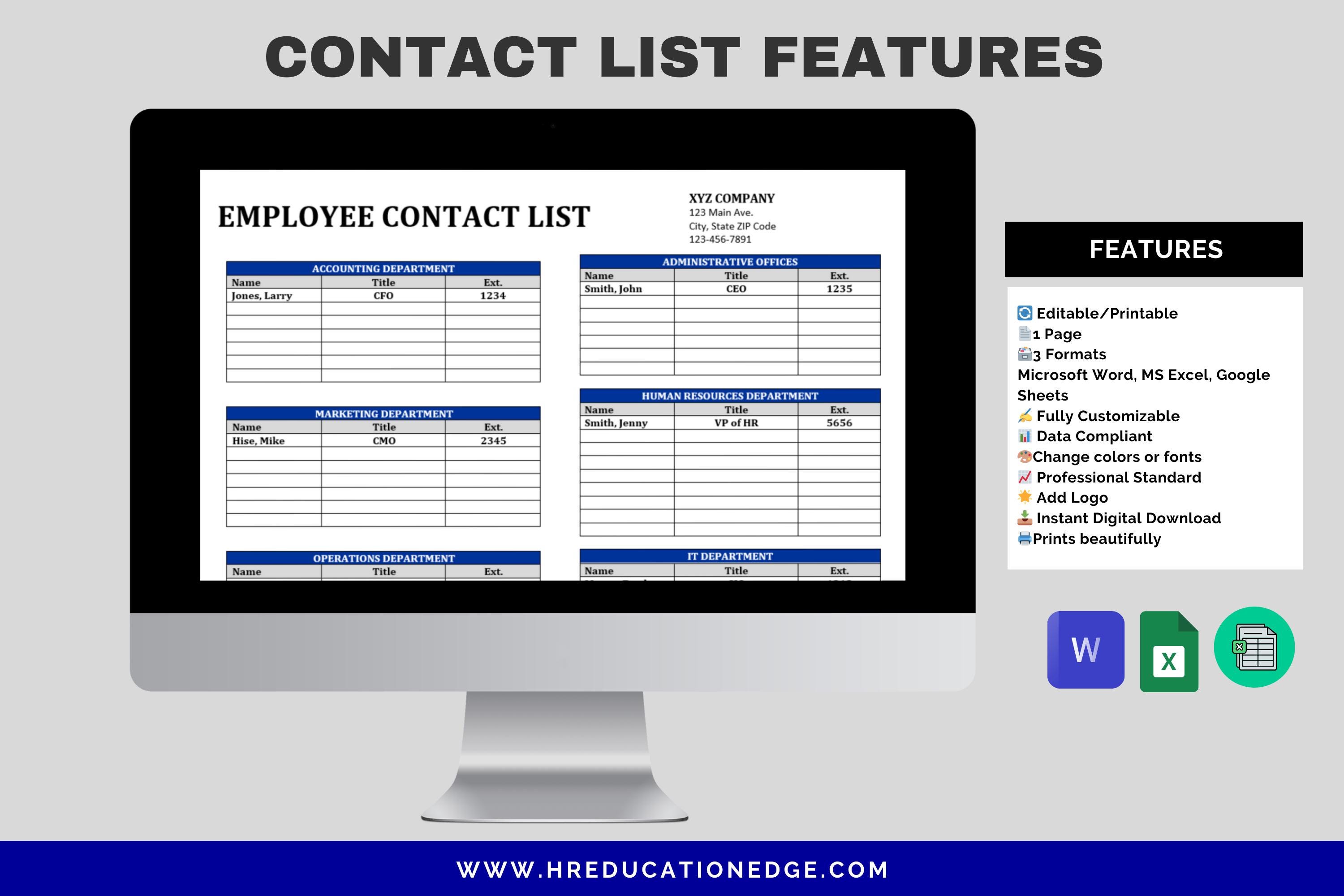 Employee Contact List Template: Staff Phone Directory (digital Download ...