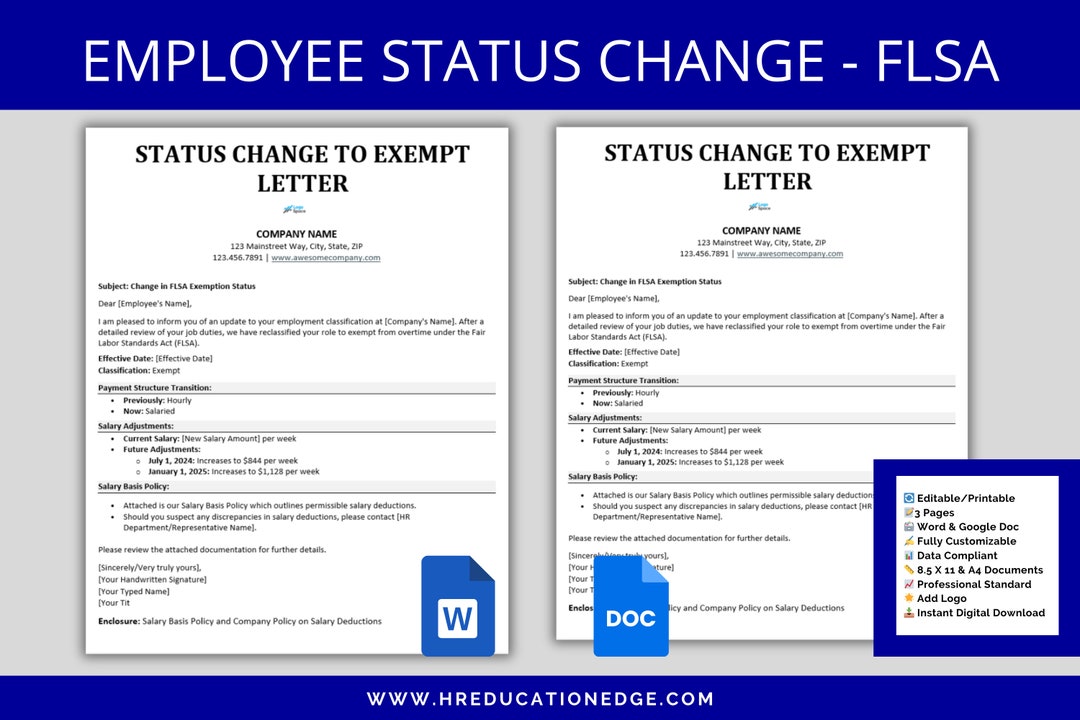 Exempt Status Change Letter: FLSA Compliance HR Template (digital ...