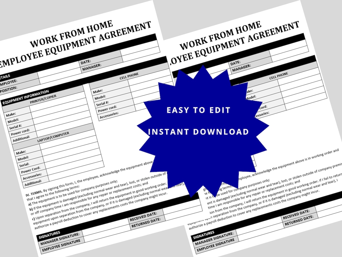 Employee Equipment Agreement Template: Editable HR Form (digital ...