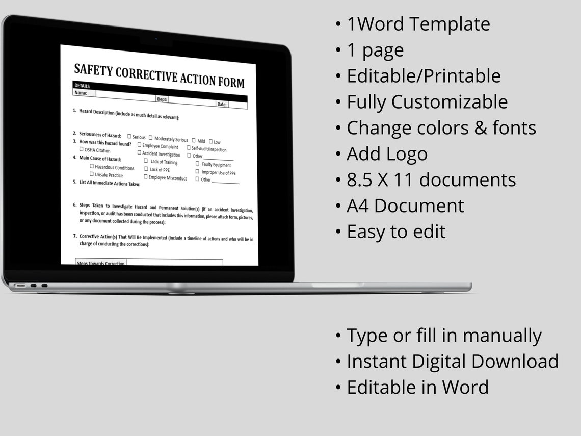 Safety Corrective Action Template: OSHA Compliance (digital Download ...