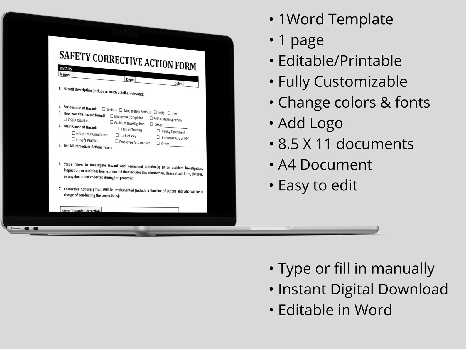 Safety Corrective Action Template: OSHA Compliance (digital Download ...