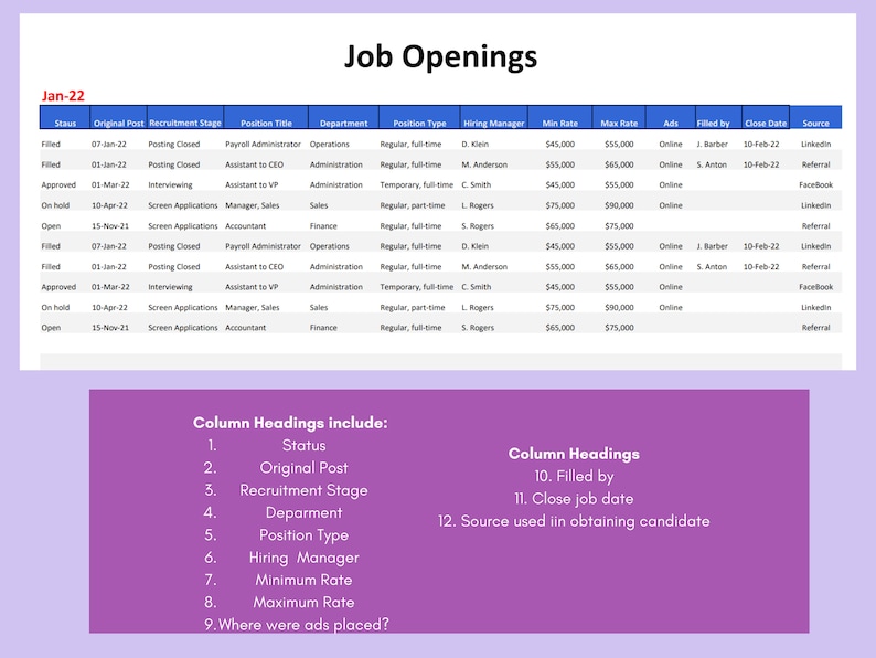 Job Openings Template MS Excel Editable Spreadsheet Human Resource ...