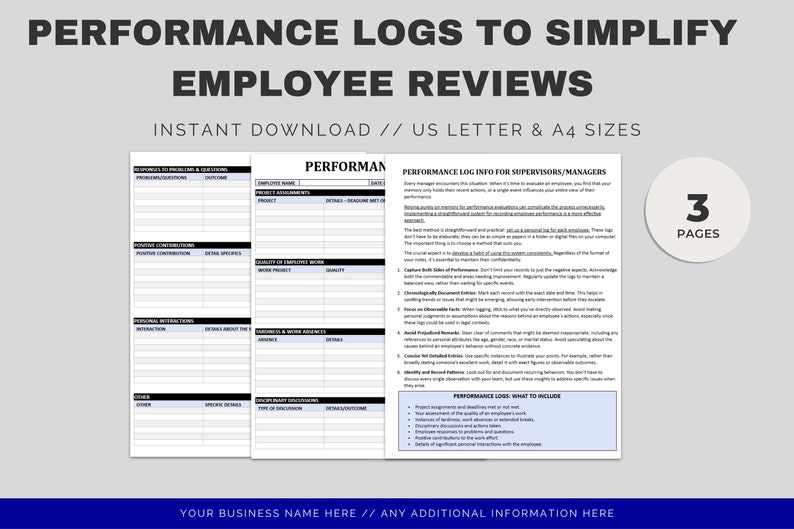 Manager Performance Log: Employee Review HR Template (digital Download ...