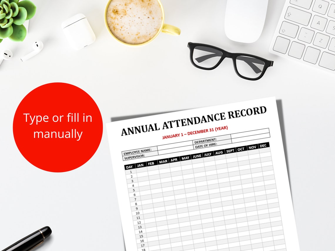 Employee Attendance Annual Record Absence Tracker Yearly Absences ...