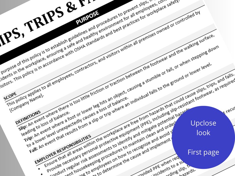 Slips, Trips, and Falls Policy Template: OSHA Workplace Safety (digital ...