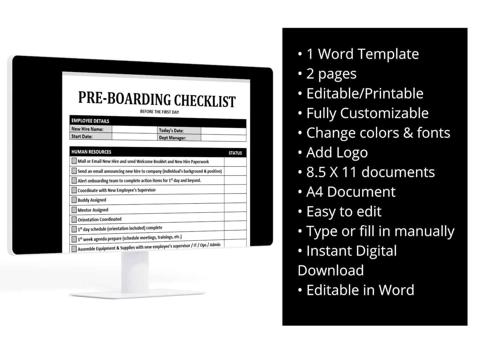 New Hire Pre-boarding Checklist: HR Onboarding Template (digital ...