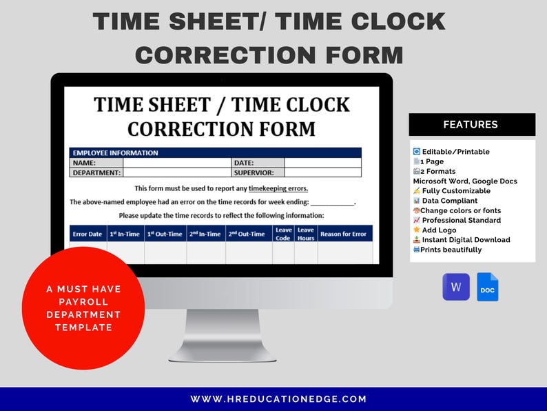 Time Clock Correction Form: Missed Punch Form, Employee Payroll ...