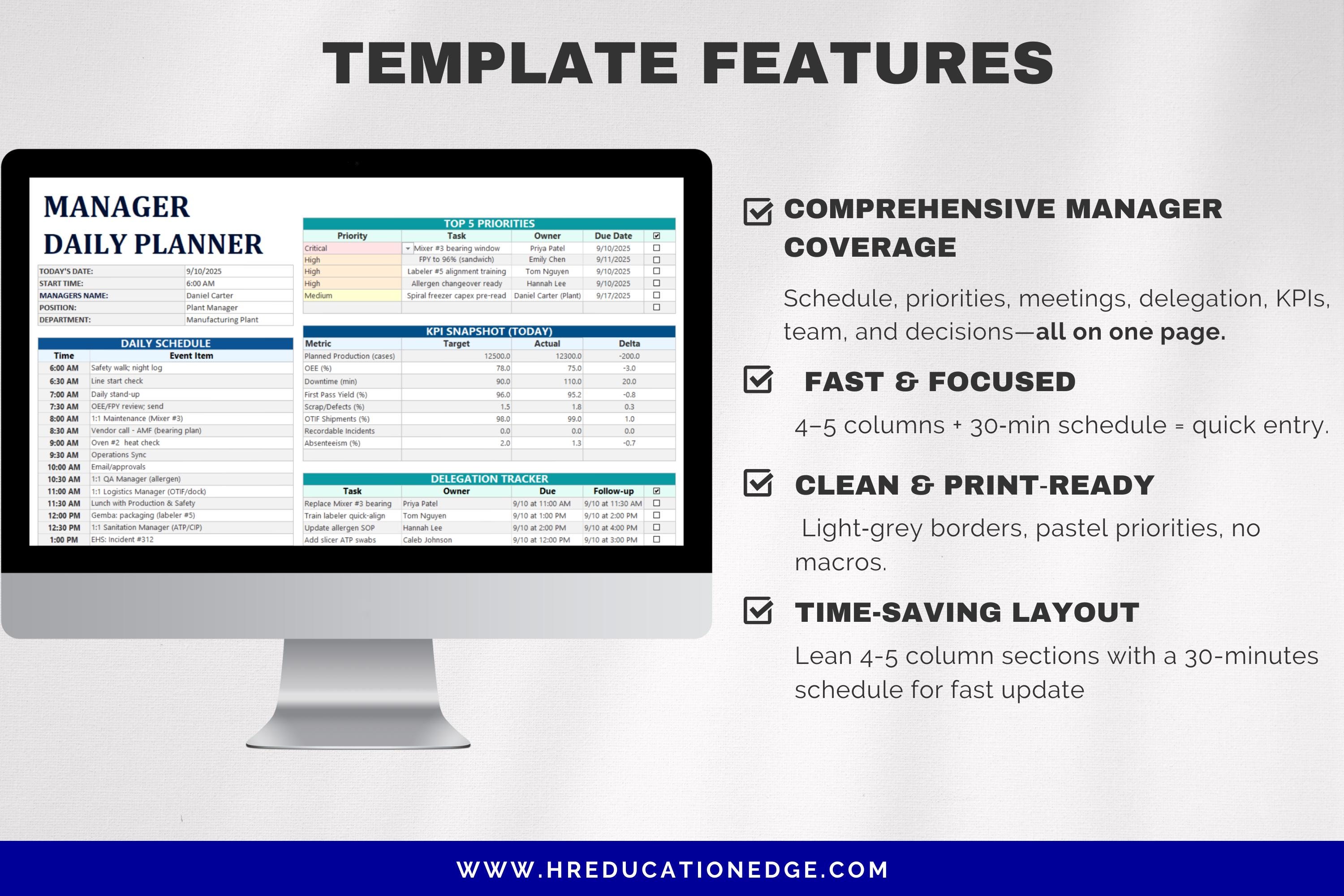 Supervisor Planner: Daily Schedule, Meeting & KPI Tracker (excel ...