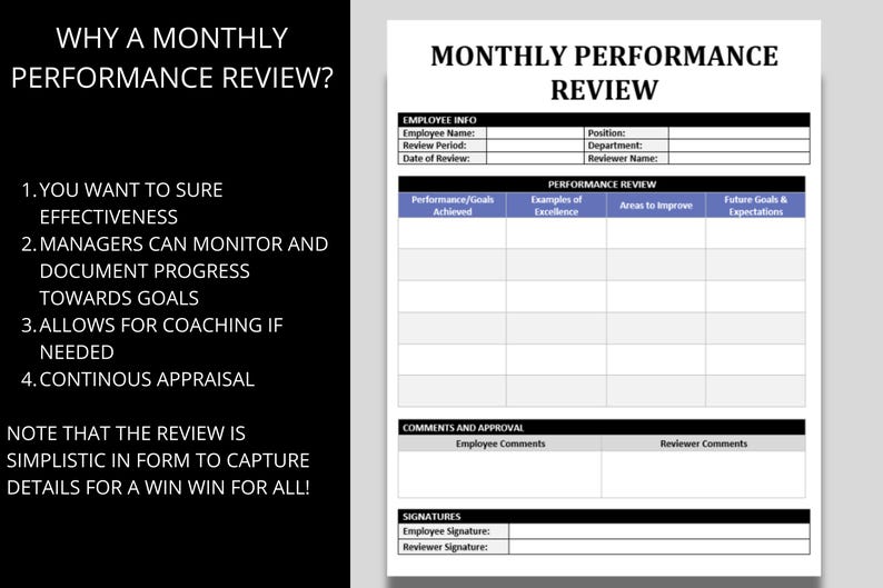 Performance Review Template Monthly Employee Feedback, Goals Appraisal ...