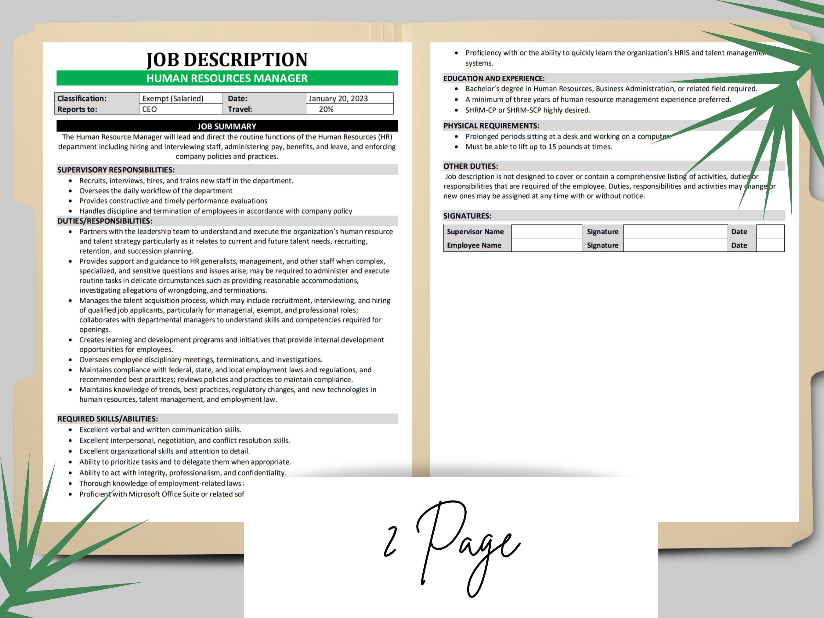 Human Resources Manager Job Description MS Editable Word Document HR ...