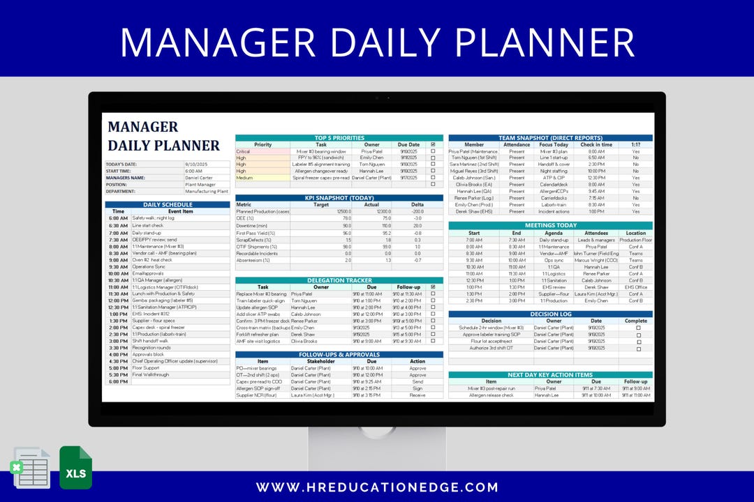 Supervisor Planner: Daily Schedule, Meeting & KPI Tracker (excel ...