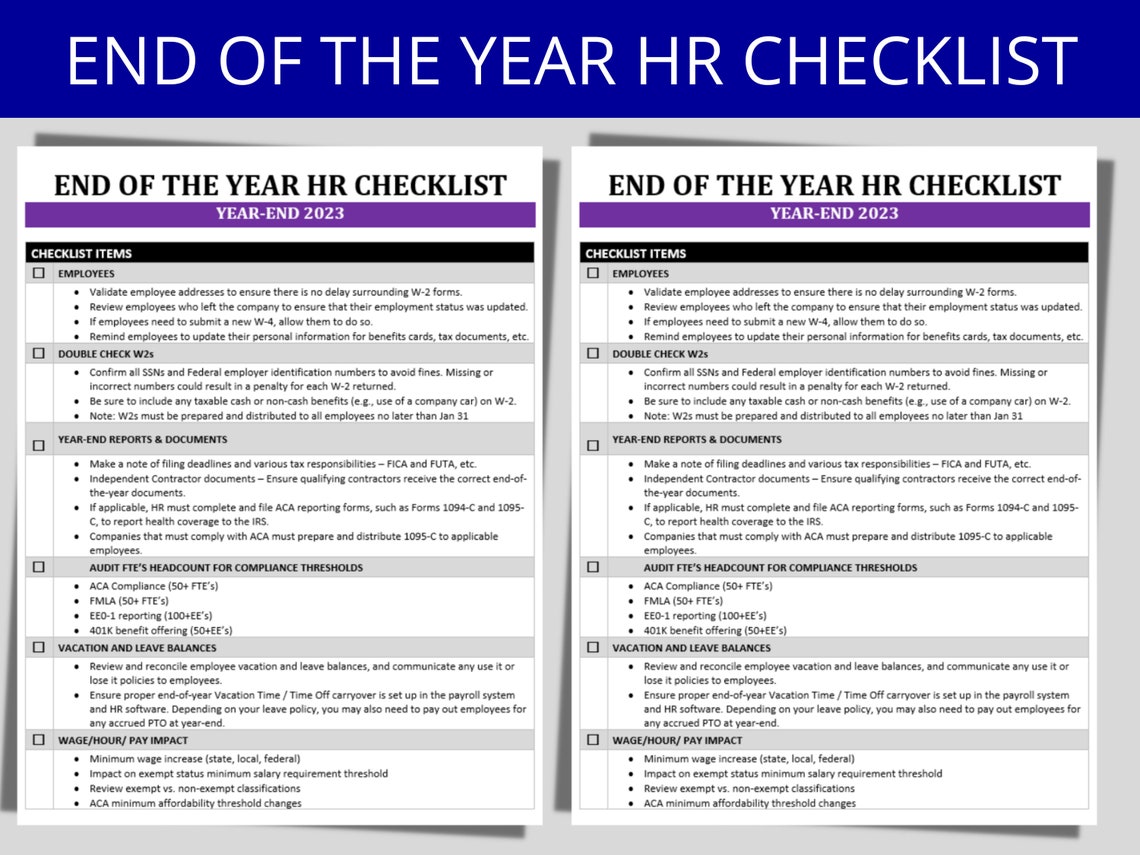 End of the Year HR Checklist Editable HR Template HR Form Compliance ...