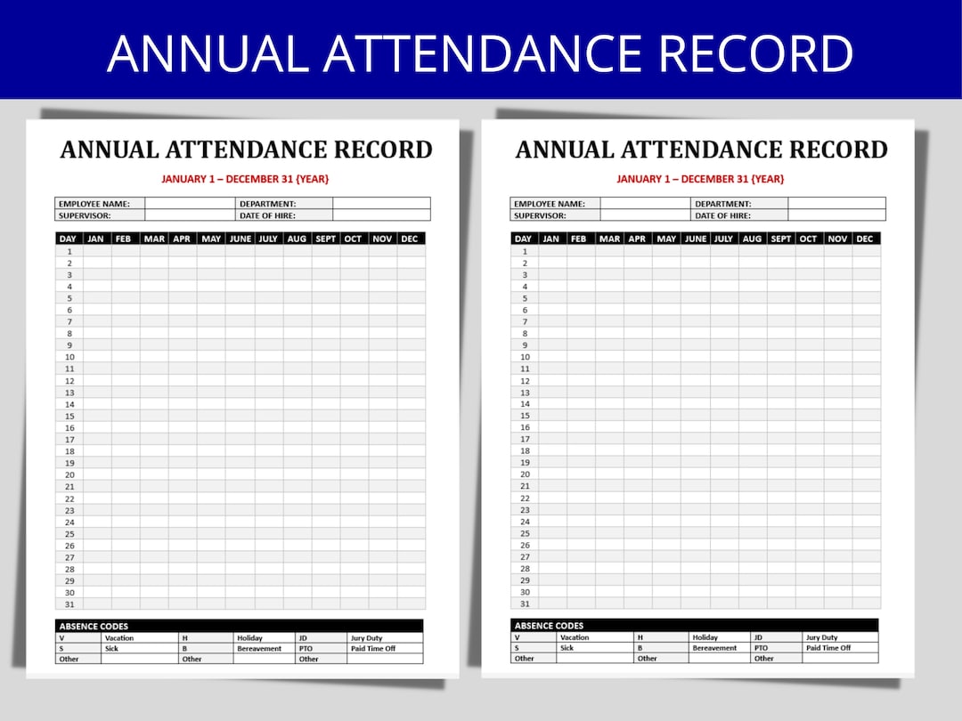 Employee Attendance | Annual Record | Absence Tracker | Yearly Absences ...
