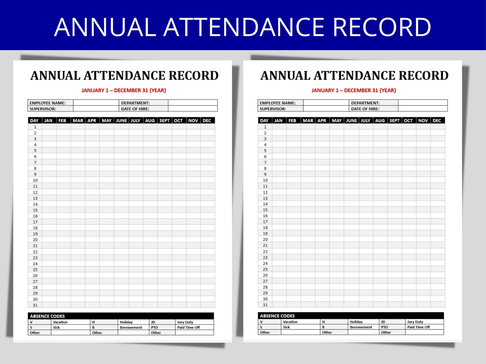 Employee Attendance Annual Record Absence Tracker Yearly Absences ...