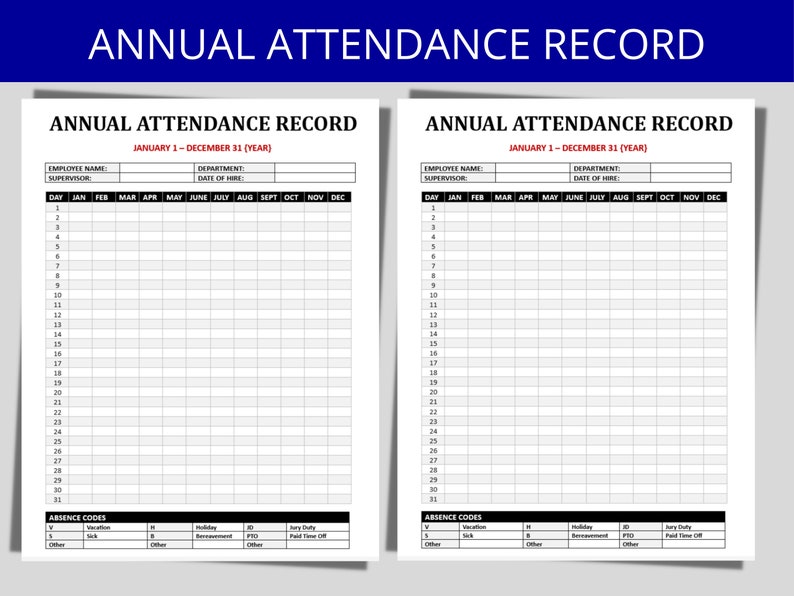 Employee Attendance Annual Record Absence Tracker Yearly Absences ...
