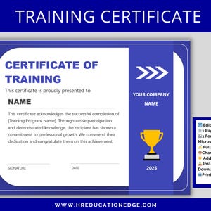 Editable Training Certificate Template: Employee Recognition (digital ...