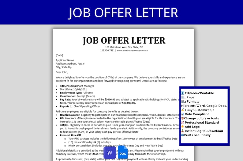 Job Offer Letter Template: Editable Employee Contract (MS Word, Google ...