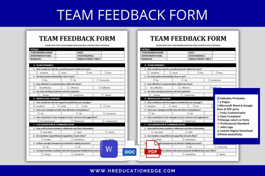 Team Feedback Survey Template: Editable HR Form (printable PDF) - Etsy