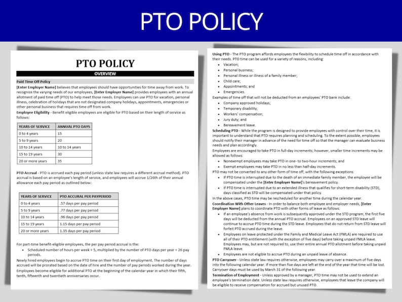 Editable PTO Policy Template: Employee Time-off HR Form (digital ...