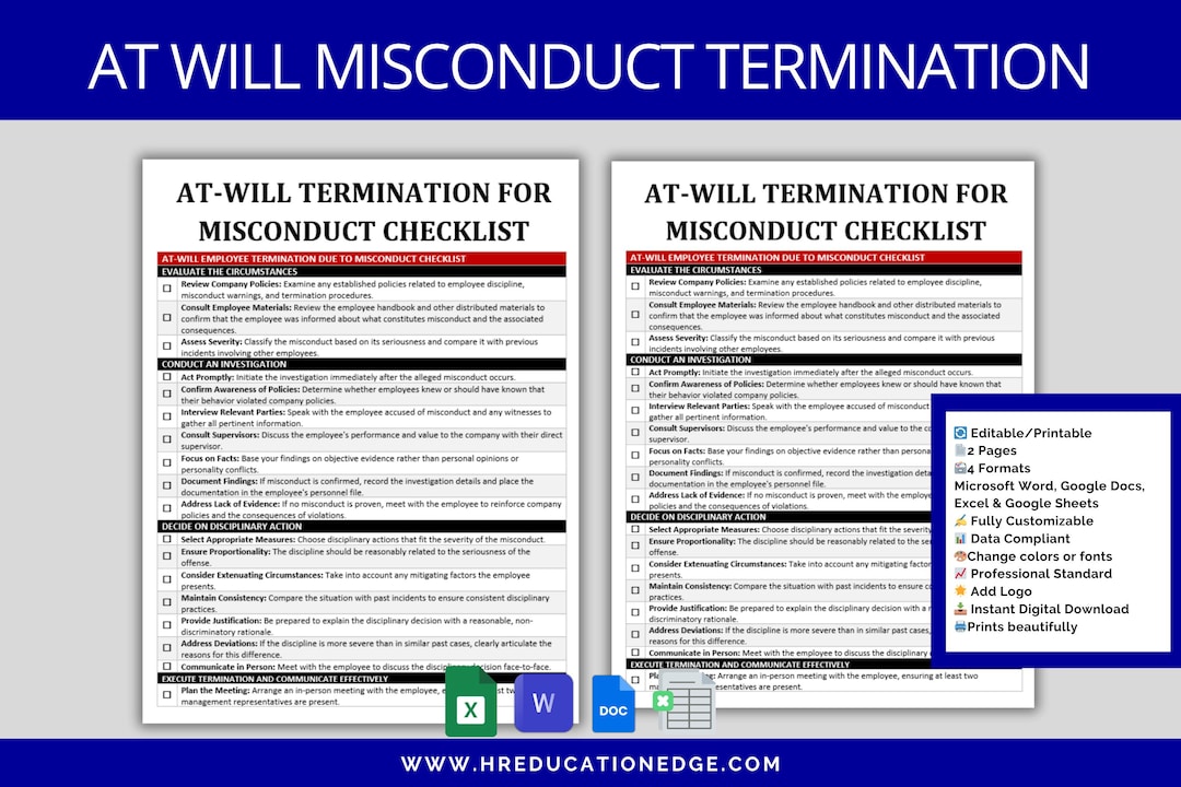 Employee Misconduct Termination Checklist: HR Template (MS Word, Google ...