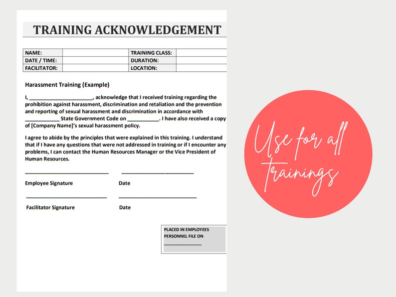 Training Acknowledgement Form: HR Templates (editable Word Doc) - Etsy