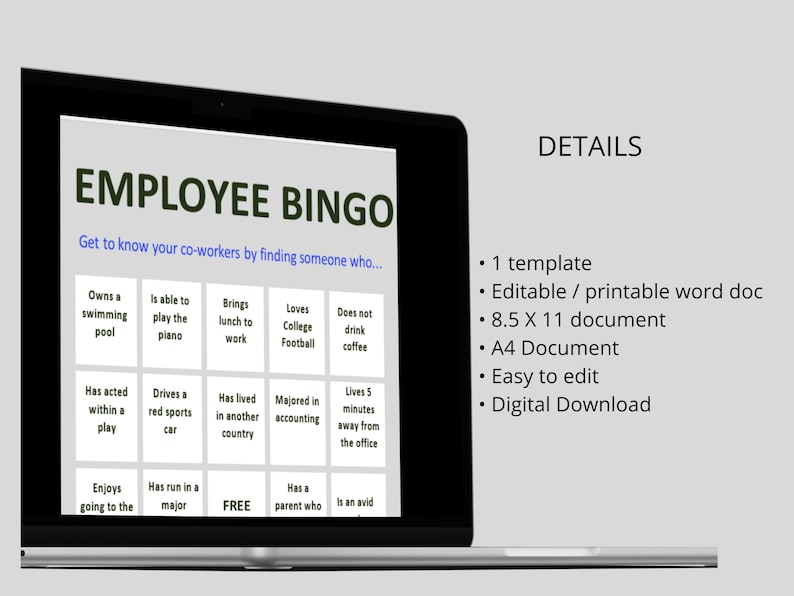 Employee Bingo Template: HR Icebreaker Game (editable Word) - Etsy