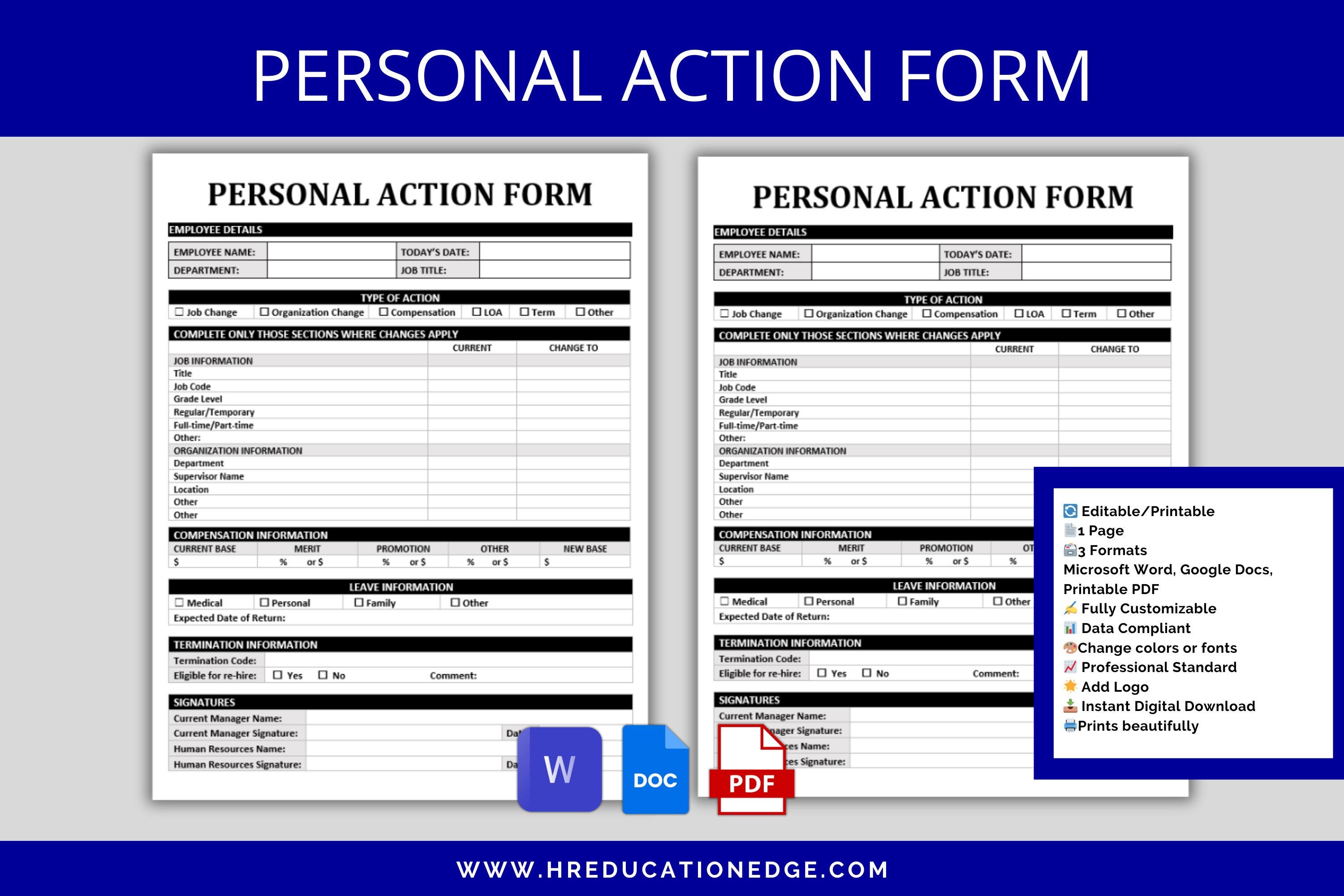 Personal Action Form: Employee Status Change HR Template (digital ...
